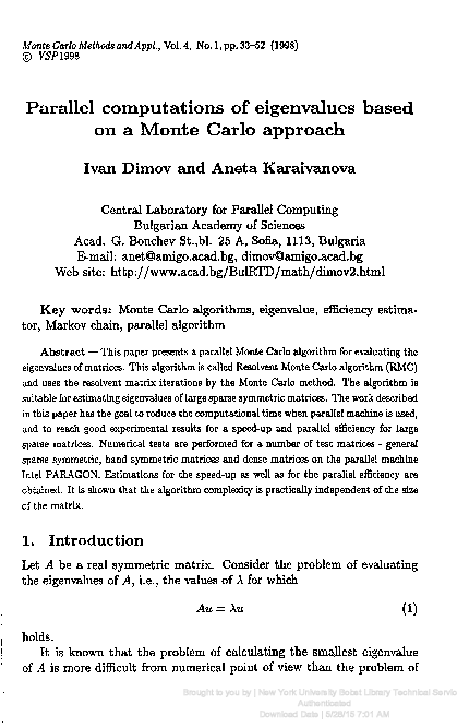 Pdf Parallel Computations Of Eigenvalues Based On A Monte Carlo Approach