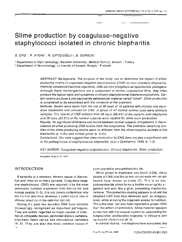Slime Production by Coagulase Negative Staphylococci a Major Virulence ...