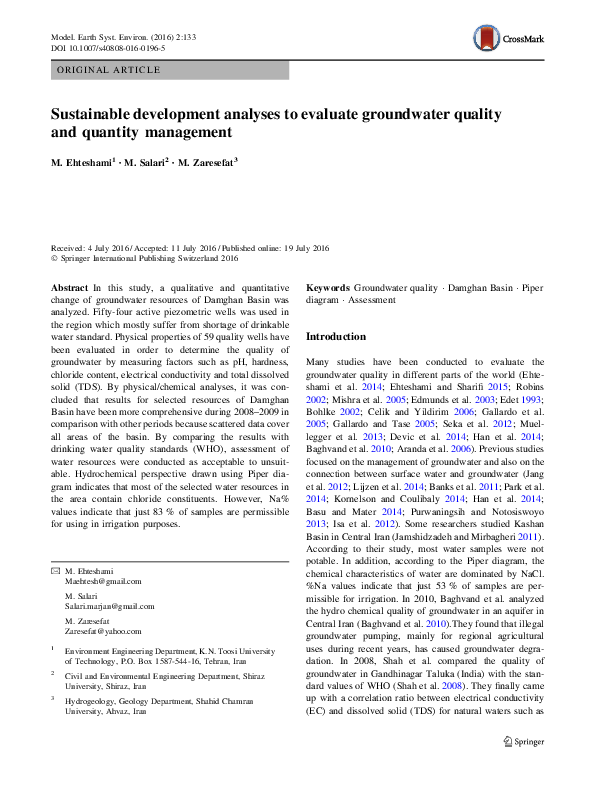 Pdf Sustainable Development Analyses To Evaluate Groundwater Quality And Quantity Management