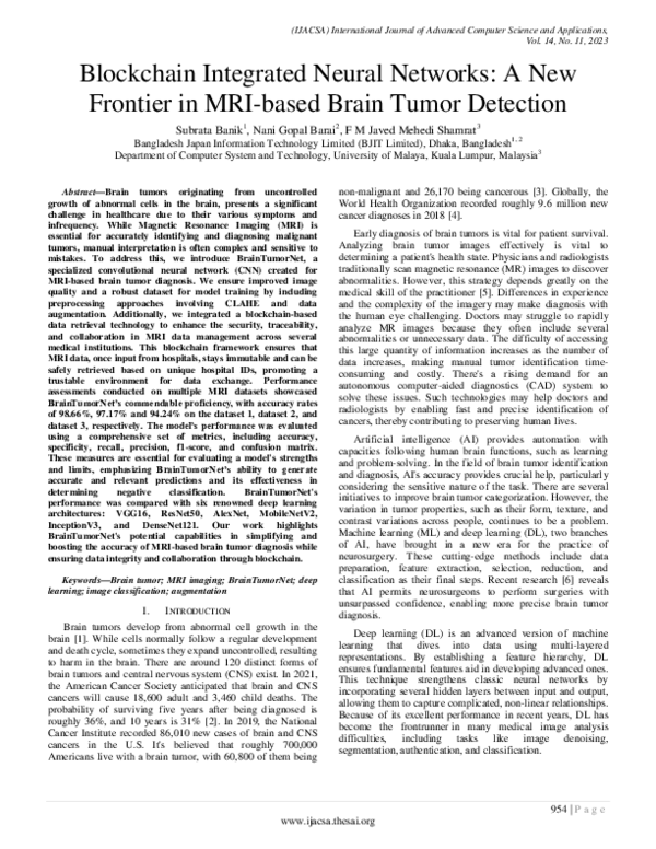 Pdf Blockchain Integrated Neural Networks A New Frontier In Mri Based Brain Tumor Detection
