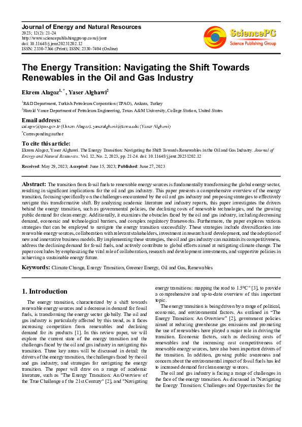 (PDF) The Energy Transition: Navigating the Shift Towards Renewables in the Oil and Gas Industry