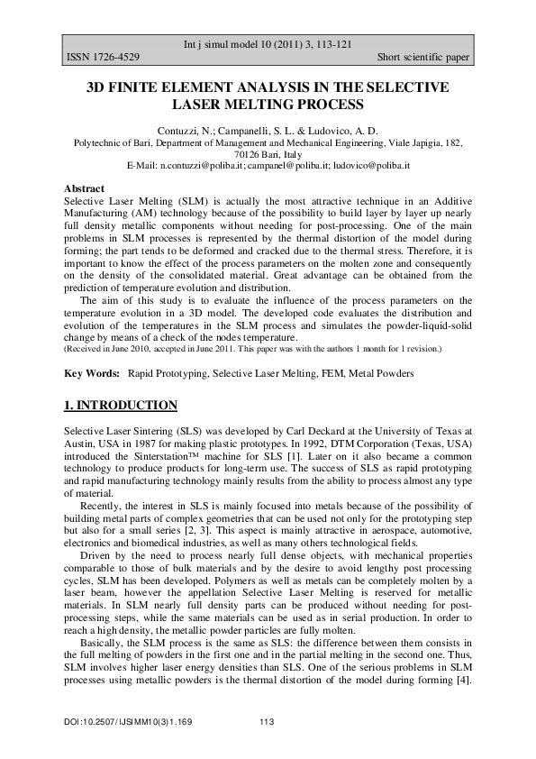 Pdf 3d Finite Element Analysis In The Selective Laser Melting Process