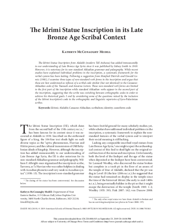 (PDF) (2019) The Idrimi Statue Inscription in its Late Bronze Age ...