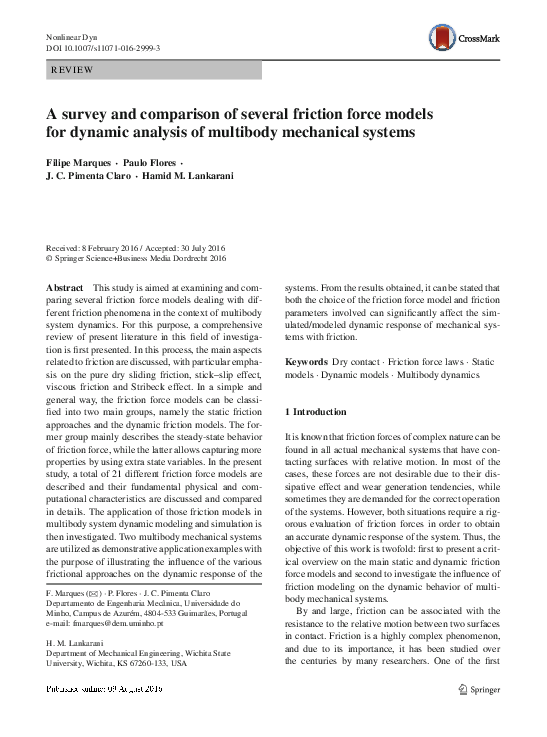 Pdf A Survey And Comparison Of Several Friction Force Models For Dynamic Analysis Of Multibody