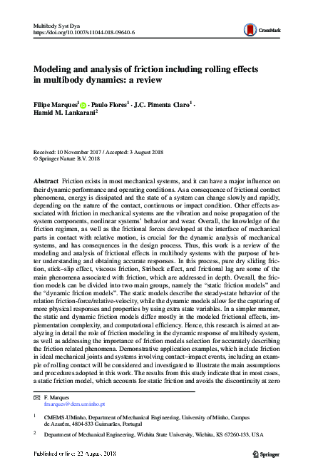 (PDF) Modeling and analysis of friction including rolling effects in multibody dynamics: a review