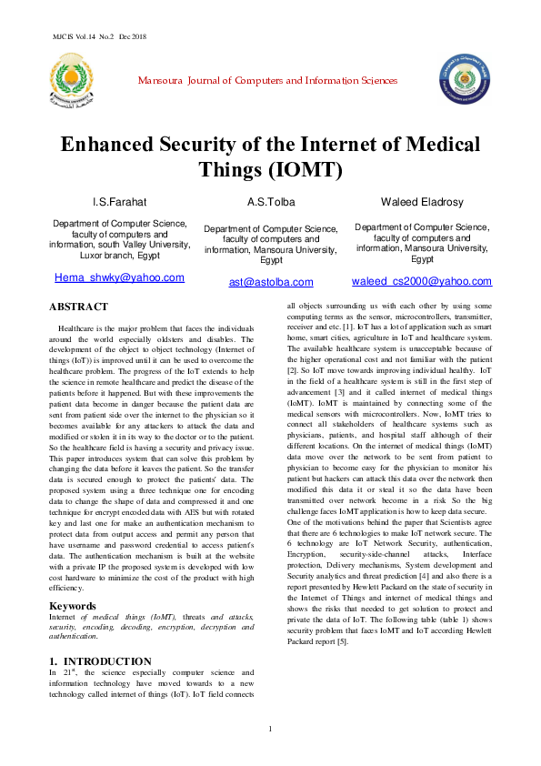(PDF) Enhanced Security of the Internet of Medical Things (IOMT)