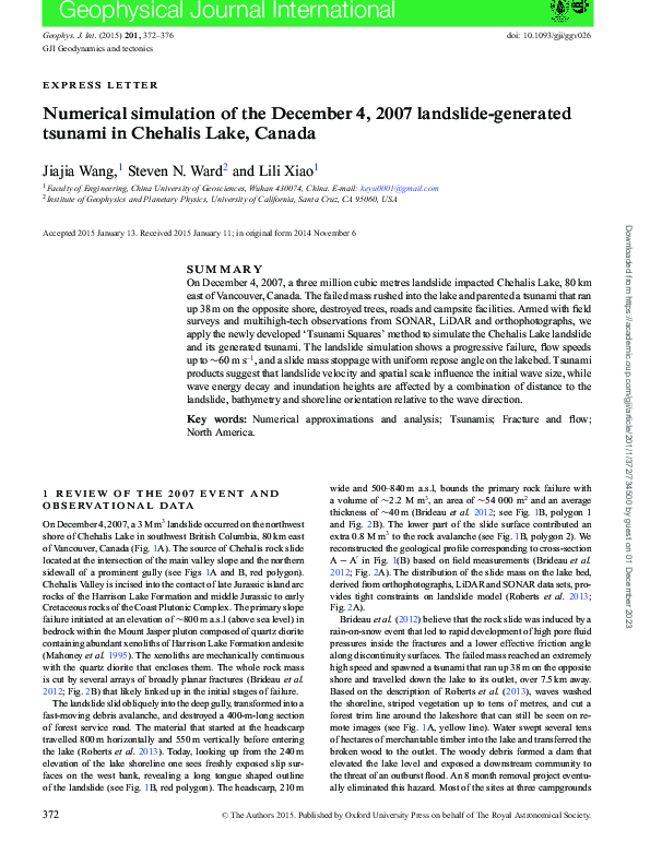 (PDF) Numerical simulation of the December 4, 2007 landslide-generated ...
