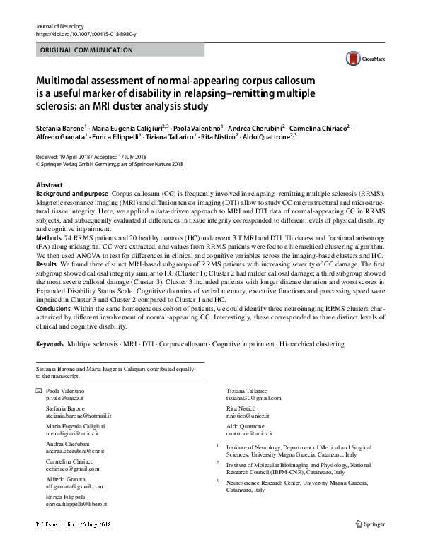 (PDF) Multimodal assessment of normal-appearing corpus callosum is a useful marker of disability ...