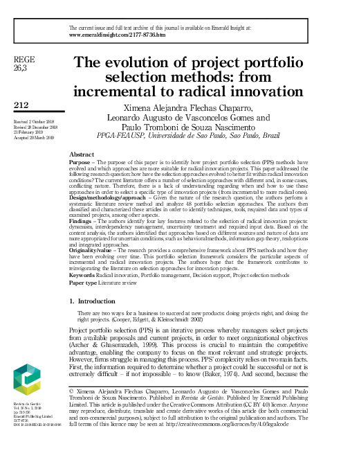 (PDF) The evolution of project portfolio selection methods: from incremental to radical innovation