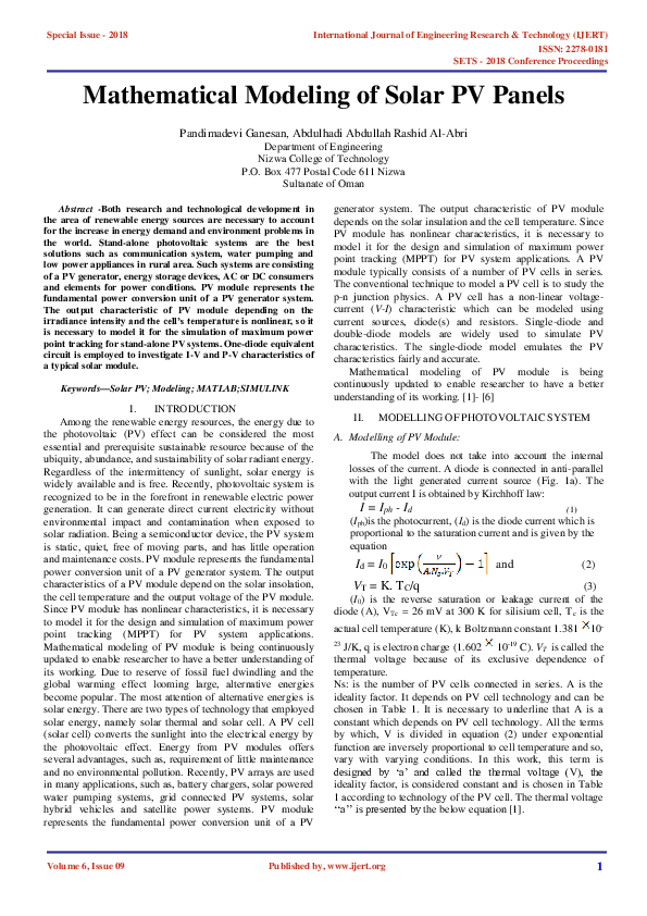 (PDF) Mathematical Modeling of Solar PV Panels