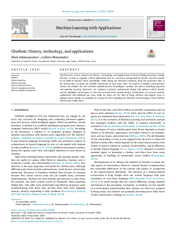 (PDF) Chatbots: History, technology, and applications