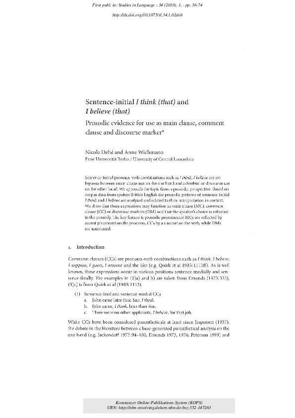 (PDF) Sentence-initial I think (that) and I believe (that)