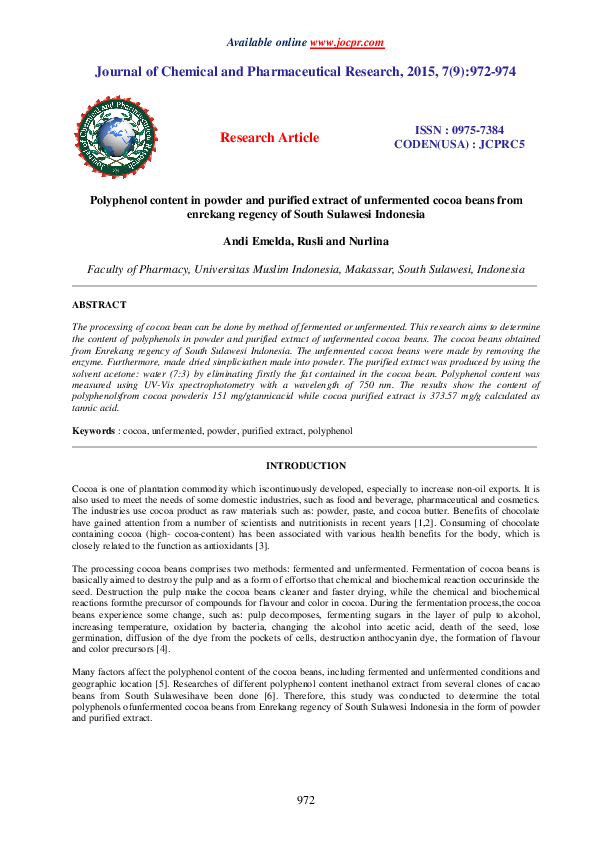 (PDF) Polyphenol content in powder and purified extract of unfermented ...