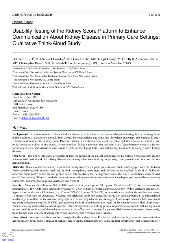(PDF) Usability Testing of the Kidney Score Platform to Enhance ...