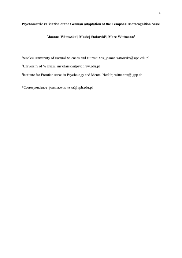 Pdf Psychometric Validation Of The German Adaptation Of The Temporal