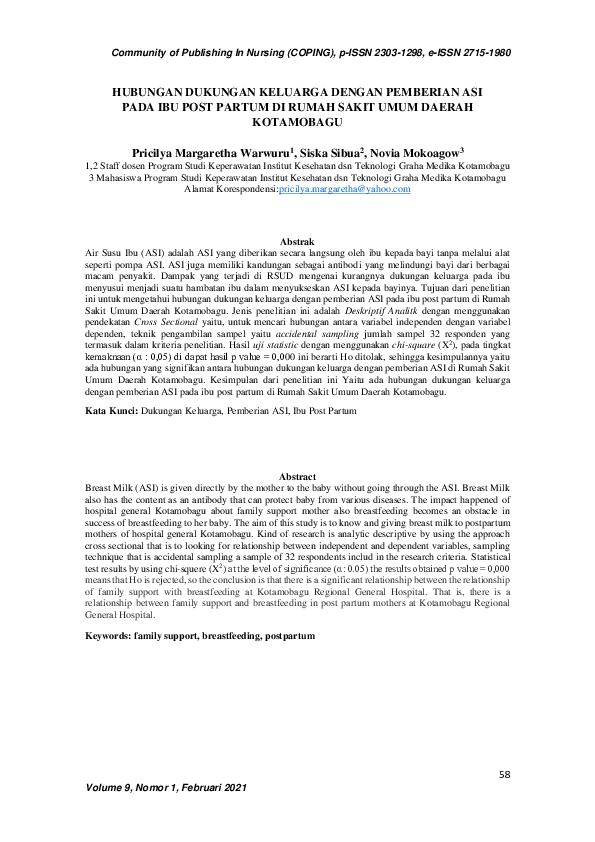 (PDF) Hubungan Dukungan Keluarga Dengan Pemberian ASI Pada Ibu Post Partum Di Rumah Sakit Umum ...