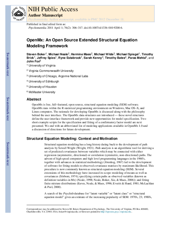 Pdf Openmx An Open Source Extended Structural Equation Modeling Framework