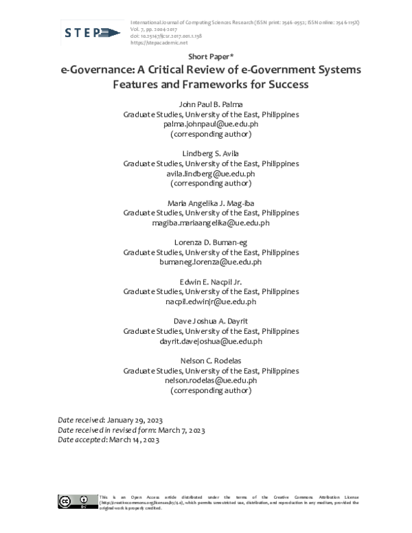 (PDF) e-Governance: A Critical Review of e-Government Systems Features and Frameworks for Success