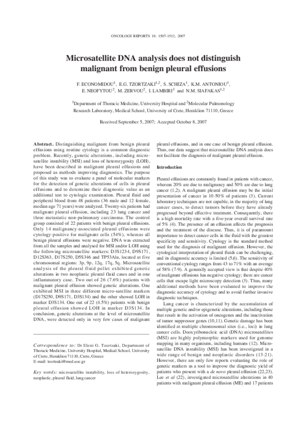 (PDF) Microsatellite DNA analysis does not distinguish malignant from benign pleural effusions