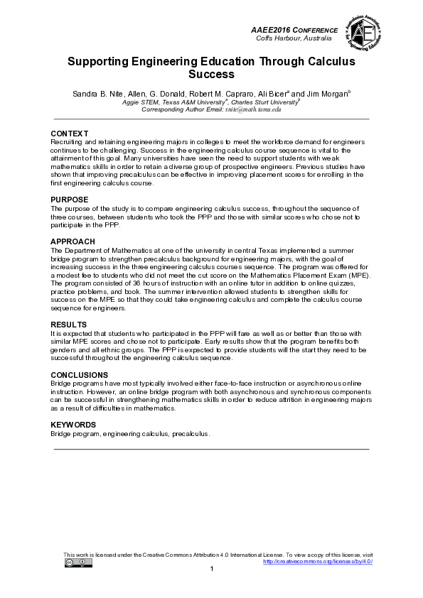(PDF) Supporting engineering education through calculus success