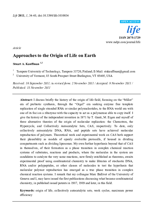 (PDF) Approaches to the Origin of Life on Earth
