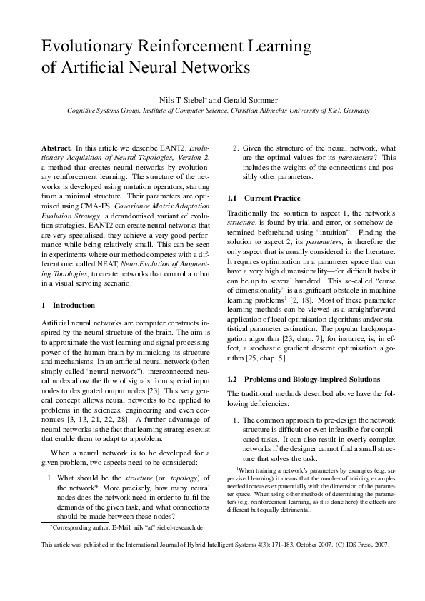 Pdf Evolutionary Reinforcement Learning Of Artificial Neural Networks