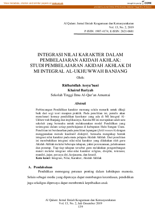 (PDF) Integrasi Nilai Karakter dalam Pembelajaran Akidah Akhlak: Studi Pembelajaran Akidah ...