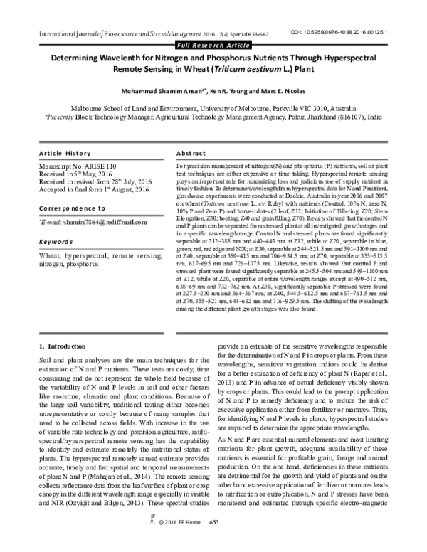 (PDF) Determining Wavelenth for Nitrogen and Phosphorus Nutrients Through Hyperspectral Remote ...