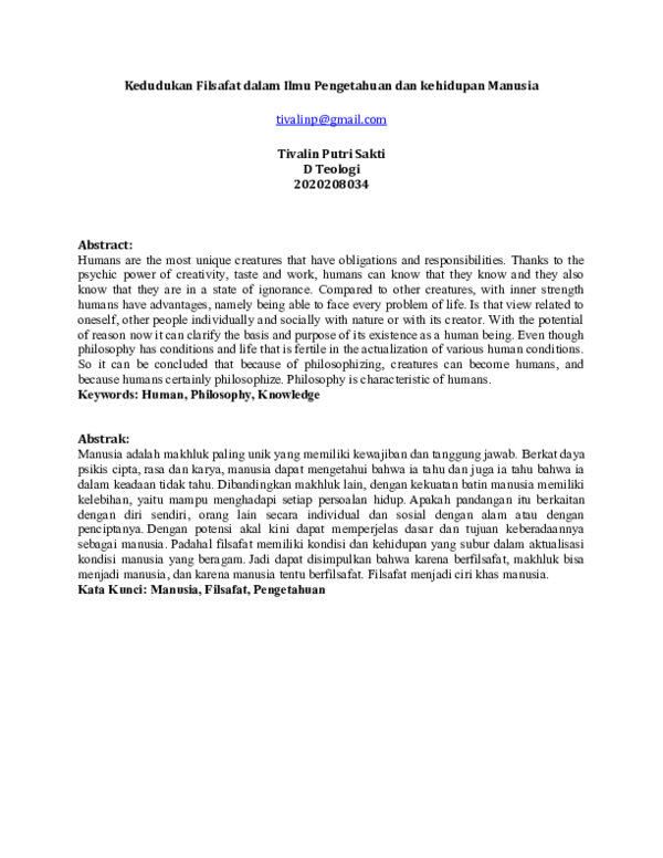 (DOC) Kedudukan Filsafat dalam Ilmu Pengetahuan dan kehidupan Manusia