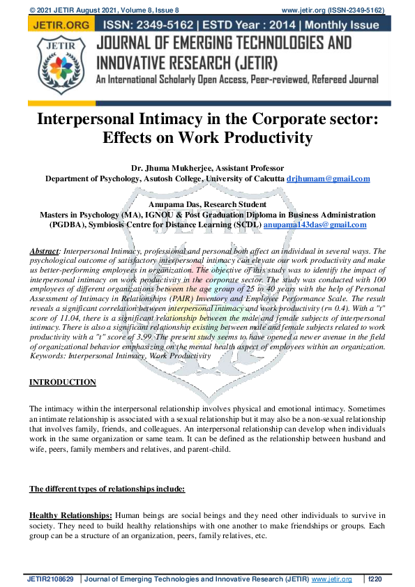 (PDF) Interpersonal Intimacy in the Corporate sector: Effects on Work ...