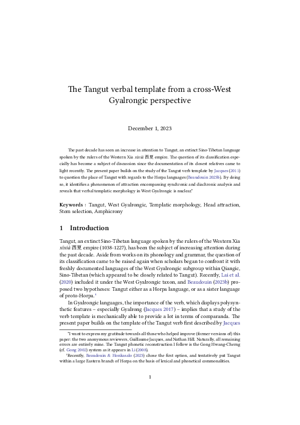 (PDF) The Tangut verbal template from a cross-West Gyalrongic perspective