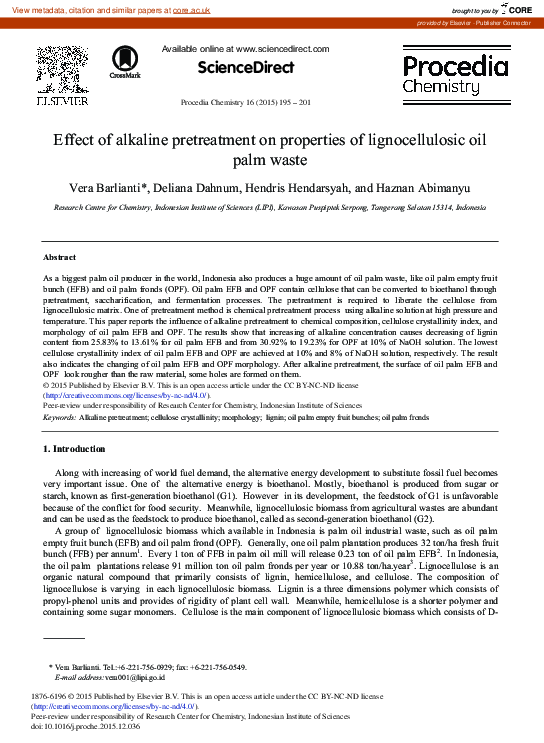 (PDF) Effect of Alkaline Pretreatment on Properties of Lignocellulosic Oil Palm Waste