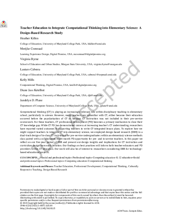 (PDF) Teacher Education to Integrate Computational Thinking into ...