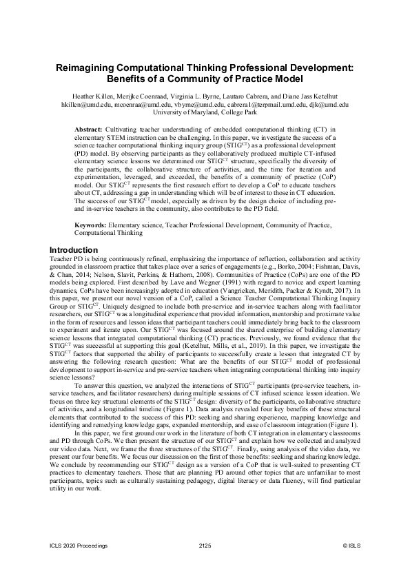 Pdf Reimagining Computational Thinking Professional Development Benefits Of A Community Of