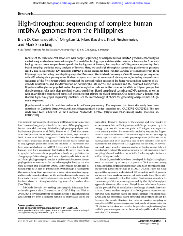 (PDF) High-throughput sequencing of complete human mtDNA genomes from ...