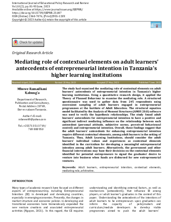 (PDF) Mediating role of contextual elements on adult learners' antecedents of entrepreneurial ...