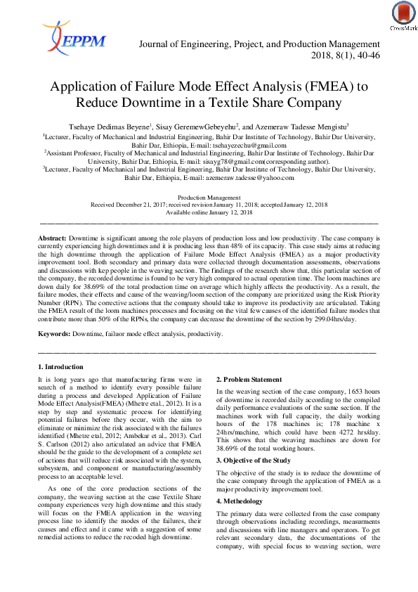 (PDF) Application of Failure Mode Effect Analysis (FMEA) to Reduce Downtime in a Textile Share ...