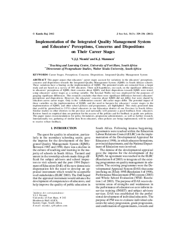 (PDF) Implementation of the Integrated Quality Management System and Educators’ Perceptions ...