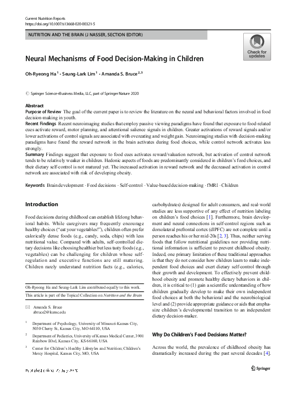 (PDF) Neural Mechanisms of Food Decision-Making in Children