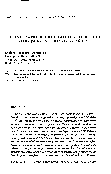 (PDF) CUESTIONARIO DE JUEGO PATOLOGICO DE SOUTH OAKS (SOGS): VALIDACION ...
