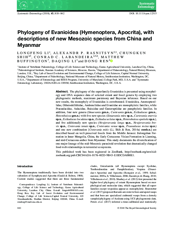 (PDF) Phylogeny of Evanioidea (Hymenoptera, Apocrita), with ...