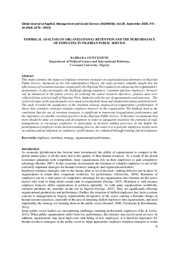(PDF) Empirical Analysis of Organizational Retention and the Performance of Employee in Nigerian ...