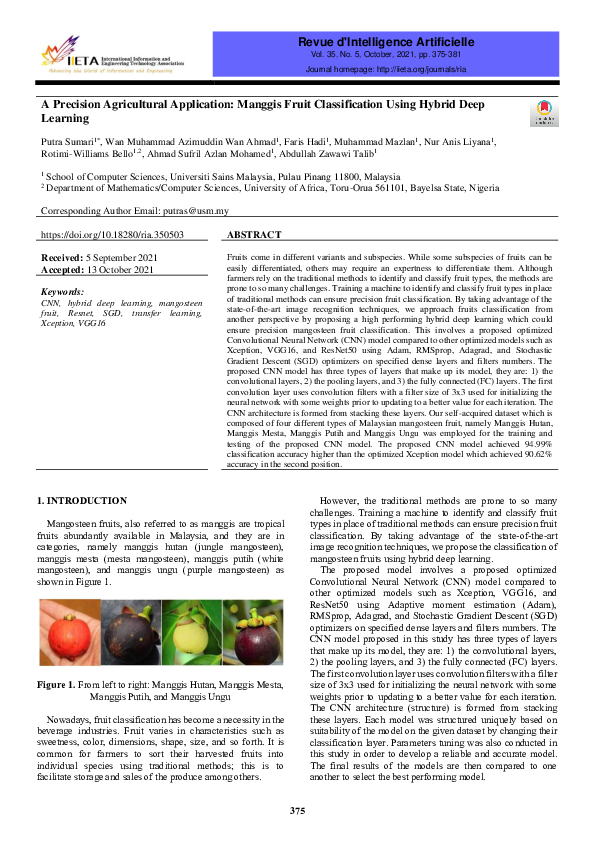 (PDF) A Precision Agricultural Application: Manggis Fruit Classification Using Hybrid Deep Learning