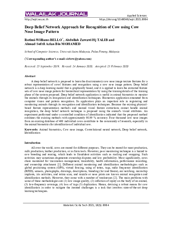 (PDF) Deep Belief Network Approach for Recognition of Cow using Cow Nose Image Pattern