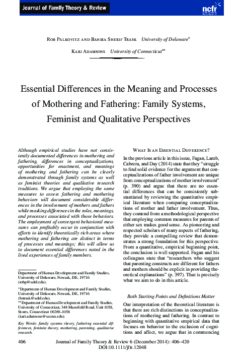(PDF) Essential Differences in the Meaning and Processes of Mothering and Fathering: Family ...