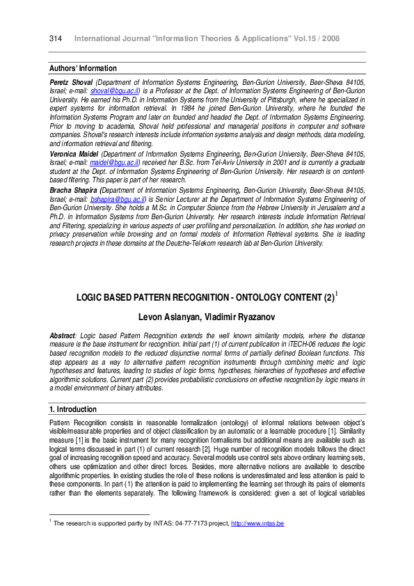 (PDF) Logic Based Pattern Recognition - Ontology Content (2) 1