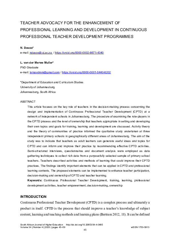 (PDF) Teacher advocacy for the enhancement of professional learning and ...