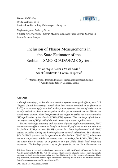 Pdf Inclusion Of Phasor Measurements In The State Estimator Of The Serbian Tsmo Scada Ems System