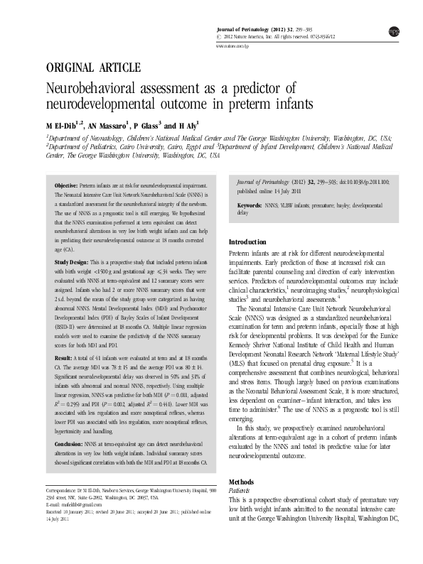 (PDF) Neurobehavioral assessment as a predictor of neurodevelopmental ...
