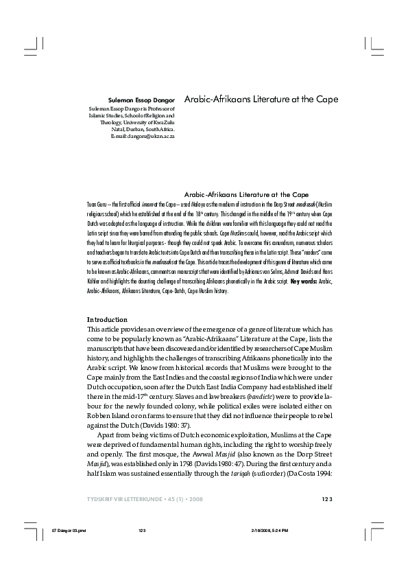 (PDF) Arabic-Afrikaans Literature at the Cape